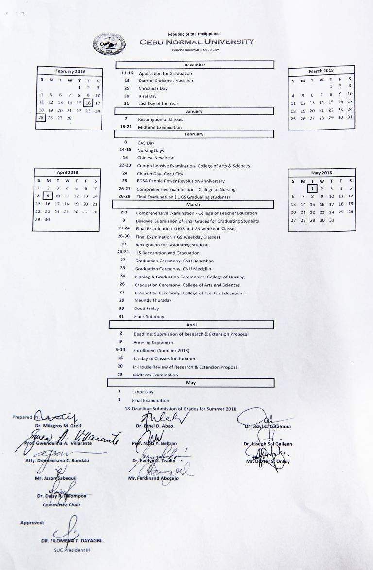 School Calendar | Cebu Normal University