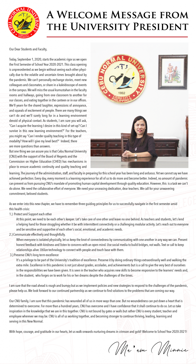 A Welcome Message from the University President | Cebu Normal University