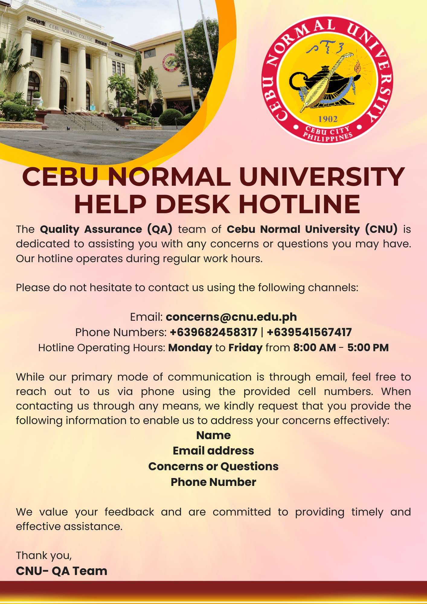 CNU Help Desk Hotline | Cebu Normal University